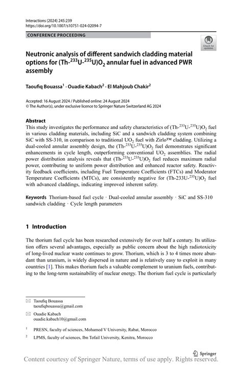 Neutronic Analysis Of Different Sandwich Cladding Material Options For Th U Uo2 Annular Fuel