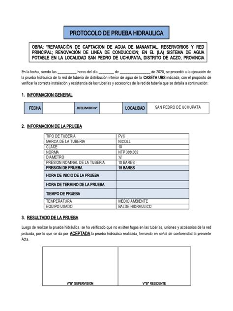 01 Protocolo Prueba Hidraulica Pdf