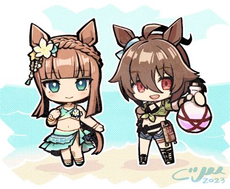 ウマ娘「水着衣装の二人可愛いです ウマ娘 サイレンススズカ アグネスタキオン」coogeeのイラスト