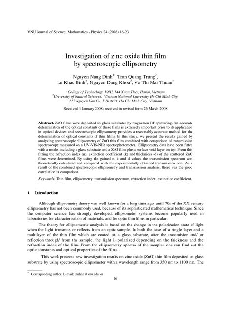 Pdf Investigation Of Zinc Oxide Thin Film By Spectroscopic Ellipsometry