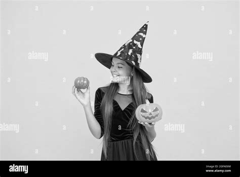 Happy Witch Teenage Girl With Pumpkin Jack O Lantern Wear Costume Of