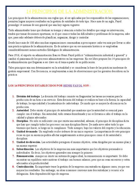 14 Principios De La Administración Pdf Salario Division De Trabajo