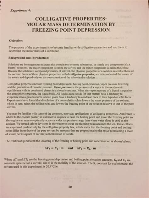 Solved Experiment 4 Colligative Properties Molar Mass