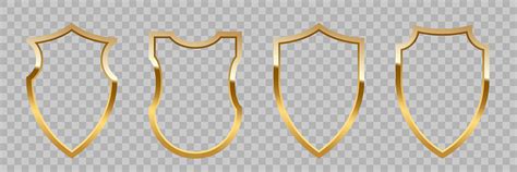 골드 쉴드 프레임은 벡터 일러스트레이션을 설정합니다 금속 코트가있는 현실적인 고립 된 황금 병기 트로피 다양한 모양의 3d 고급 안전 보호 엠블럼 빈티지 블랭크 반짝이는