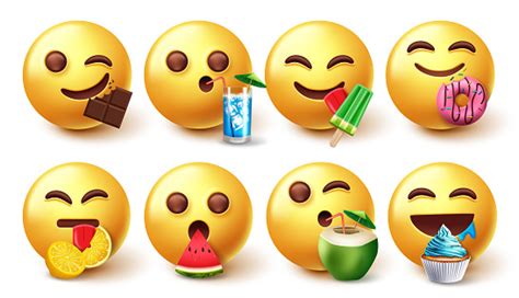 이모티콘 먹는 문자 벡터 세트입니다 이모티콘은 이모티콘을 먹고 얼굴 컬렉션 디자인을 마시는 흰색 배경에 고립 된 과일과 디저트와 같은 음식을 먹고 마시는 3d 이모티콘에