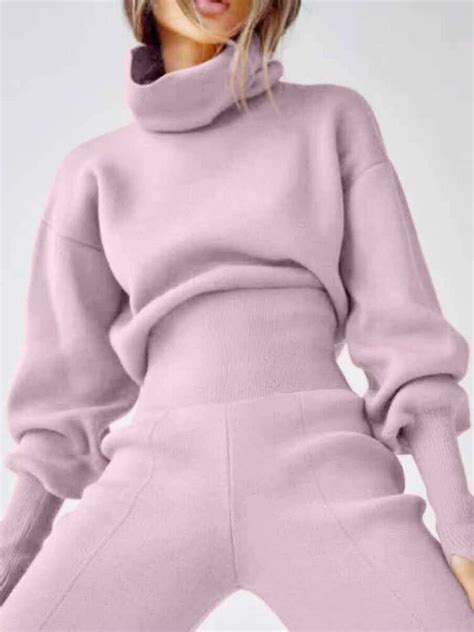 High Neck Long Sleeve Knitted Sweater Pullover And High Waist Pants