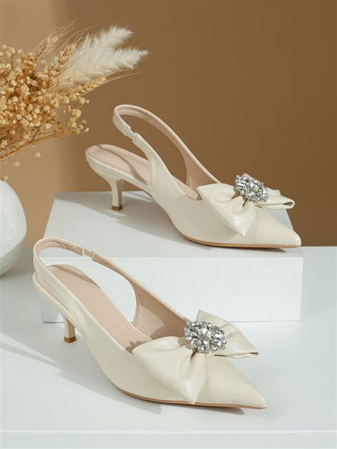Rhinestone And Bow Decor Point Toe Heeled Satin Slingback Pumps Elegant
