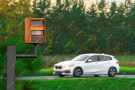 Premium Photo A Yellow Speed Camera Flashes As It Detects A Speeding