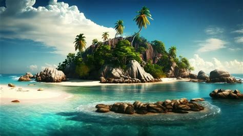 Тропический остров Море Остров Пальмы Ai Art 4579x2616 обои для