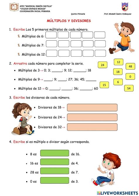 Múltiplos y divisores worksheet for Quinto de Primaria Teacher