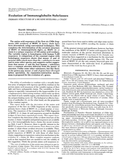 Pdf Evolution Of Immunoglobulin Subclasses Primary Structure Of A Murine Myeloma γ1 Chain