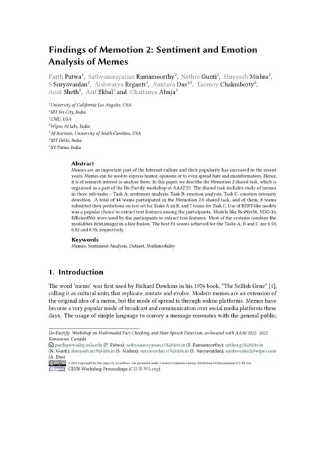 Pdf Findings Of Memotion 2 Sentiment And Emotion Analysis Of Memes