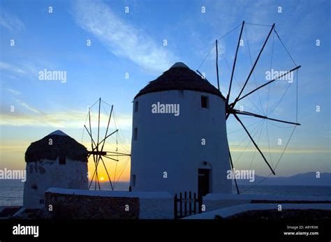 The Windmills Of Mykonos At Dusk And Sunset Up On A Hill At Hora Or Mykonos Town Greece Stock