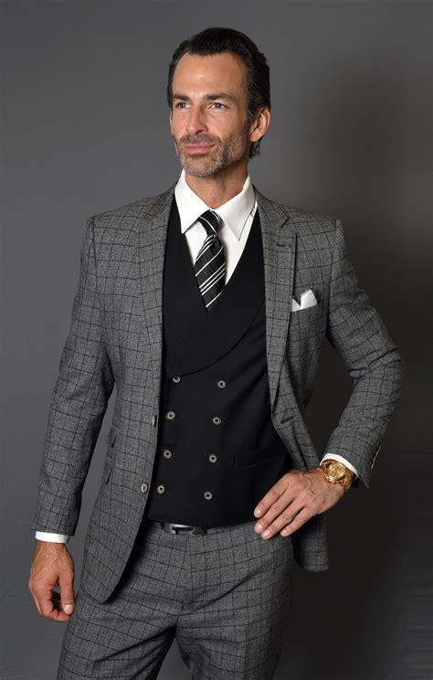 STATEMENT SABINO CHARCOAL PLAID MODERN FIT COMPOSE SUIT 3PC WOOL