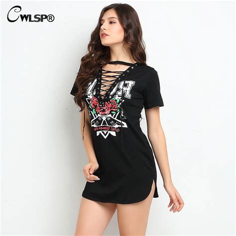 CWLSP Cross T Shirt Dress Gothic Punk Rock Women Side Split Sexy Mini