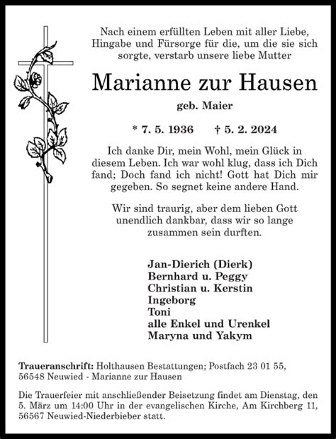 Traueranzeigen Von Marianne Zur Hausen Rz Trauer De