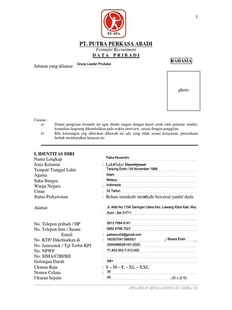 Form Recruitment Data Calon Karyawan Pt Ppa Pdf