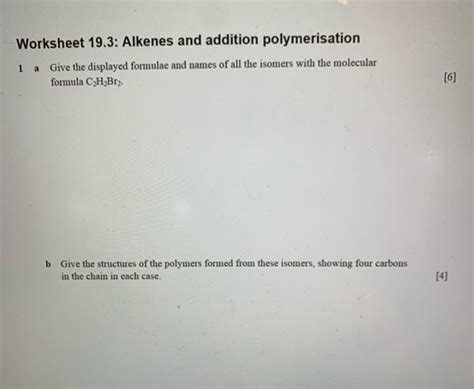 Solved Worksheet 193 Alkenes And Addition Polymerisation 1