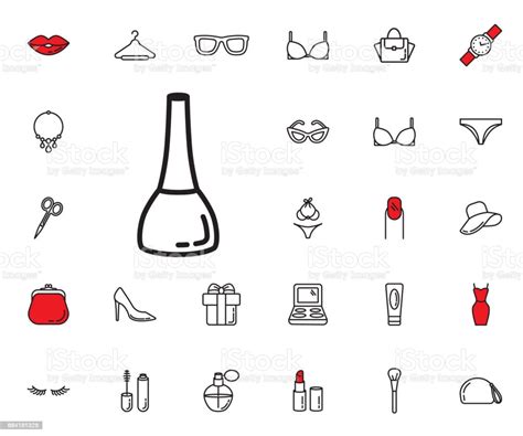 매니큐어 아이콘입니다 미용 화장품 쇼핑 및 메이크업 벡터 아이콘 세트 화장품 메이크업 브러쉬 립스틱 향수 아이 메이크업 여성 액세서리입니다 패션 아이콘 공란에 대한 스톡