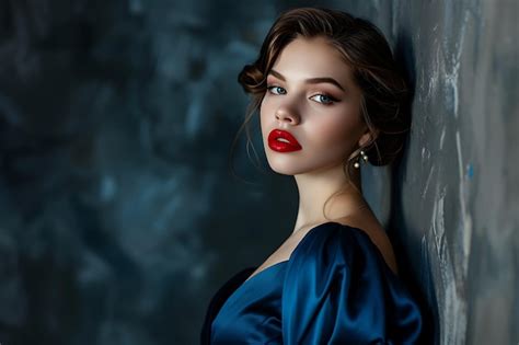 Elegant Woman In Blue Dress With Red Lips Premium Ai Generated Image