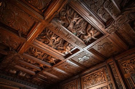 Detailed Wooden Ceiling With Intricate Carvings And Patterns Stock Illustration Illustration