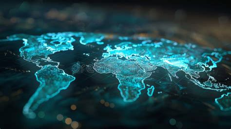 Futuristic Technology World Map With Glowing Lights Global Communication And Connection Concept