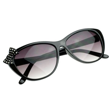 Womens Cute Modern Cat Eye Sunglasses With Rhinestone Detailed Bow