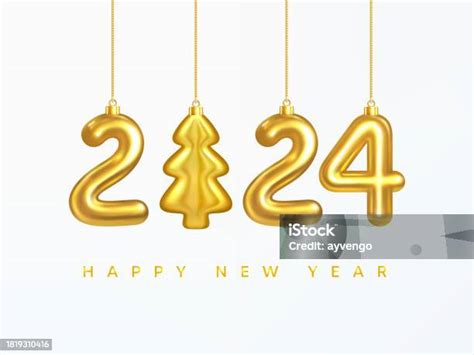 2024 새해 인사말 카드 양식화 된 골드 번호 2024 흰색 배경에 고립 된 0 대신 크리스마스 트리가있는 크리스마스 트리