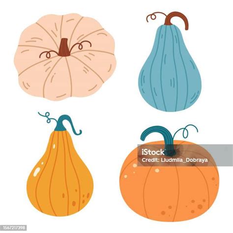 다양한 모양과 색상의 호박 안녕하세요 가을 가을 시즌입니다 가을 장식 디자인 할로윈 초대장 추수 감사절 요소 손으로 그리는 평면 벡터 그림 10월에 대한 스톡 벡터 아트 및