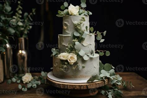 Three Tiered White Wedding Cake Decorated With Flowers And Green