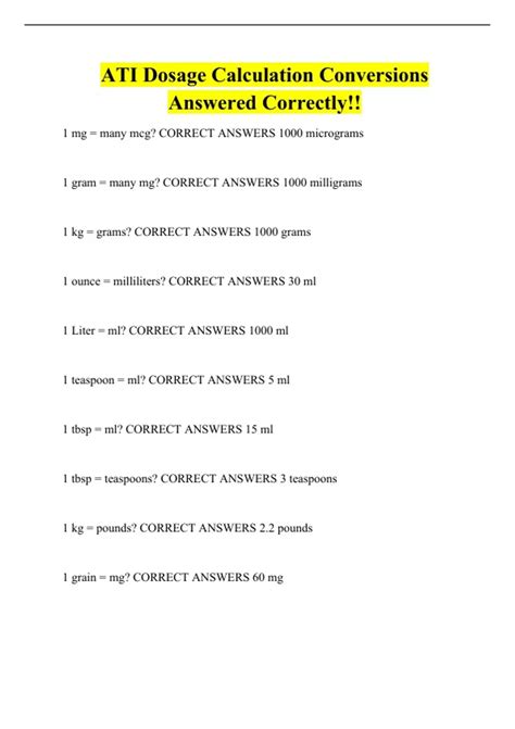 Ati Dosage Calculation Conversions Answered Correctly Ati Dosage
