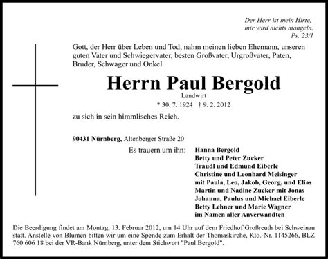 Traueranzeigen Von Paul Bergold Trauernnde