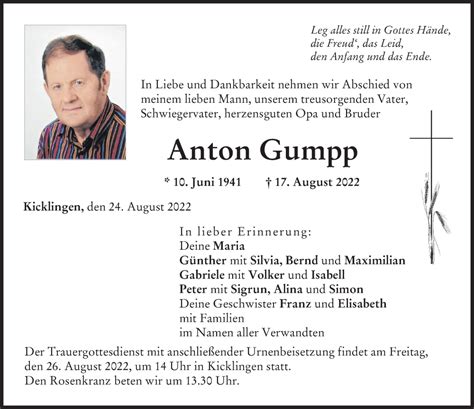 Traueranzeigen Von Anton Gumpp Augsburger Allgemeine Zeitung