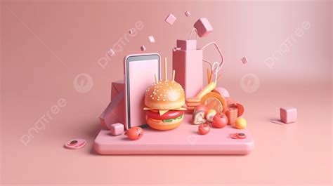온라인 음식 배달의 개념을 묘사한 배경에 주문 버튼과 음식이 있는 전화기의 만화 스타일 3d 그림 레스토랑 앱 음식 앱
