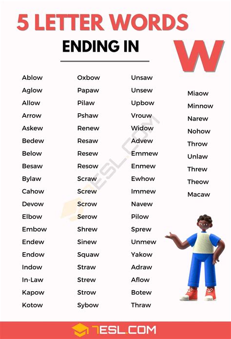 5 Letter Words Ending In W 80 English Words • 7esl
