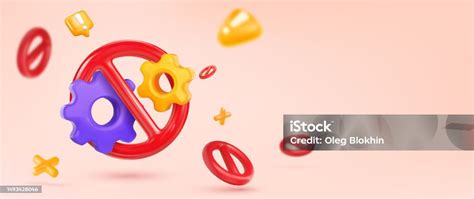 금지된 톱니바퀴 표지판 금지 아이콘 서비스 장비 톱니바퀴 아이콘은 빨간색 원 3d 벡터 그림에 줄이 그어져 있습니다 수리 금지 기어는 금지 배너입니다 It 지원에 대한 스톡