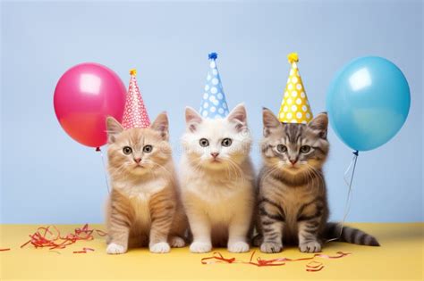 Cats With Party Hats And Balloons Celebrate Life On White Background