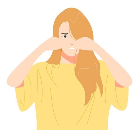 Young Girl With Blonde Hair Crying Cover Both Eyes With Hands Sad