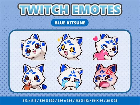 Blue Kitsune Kawaii Emotes Pack Twitch Discord Youtube Streamer Cute Digital Etsy Kitsune