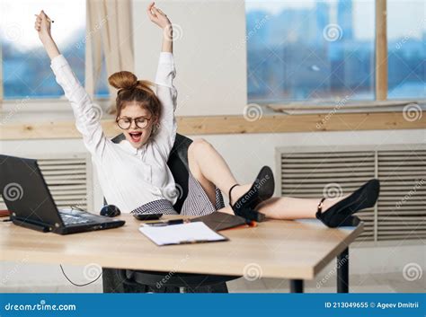 Woman Put Her Feet On The Table Working Office Secretary Laptop
