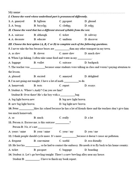 Test Semester 2 Test 1 Word Pdf Baggage