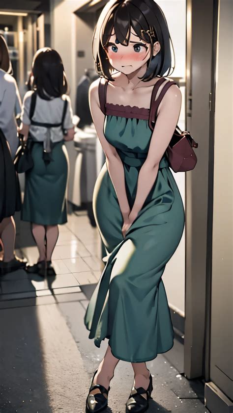 Anime Girl In Green Dress Standing In A Hallway With Other People