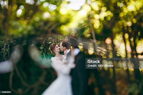 아름 다운 결혼식 Photosession입니다 검은 양복 흰 셔츠와 꽃의 부케와 안경에 잘생긴 신랑 화창한 날에 큰 녹색