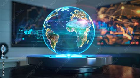 Globe With Digital World Map On Table In Living Room At Night Circuit Board Reflecting In Shiny