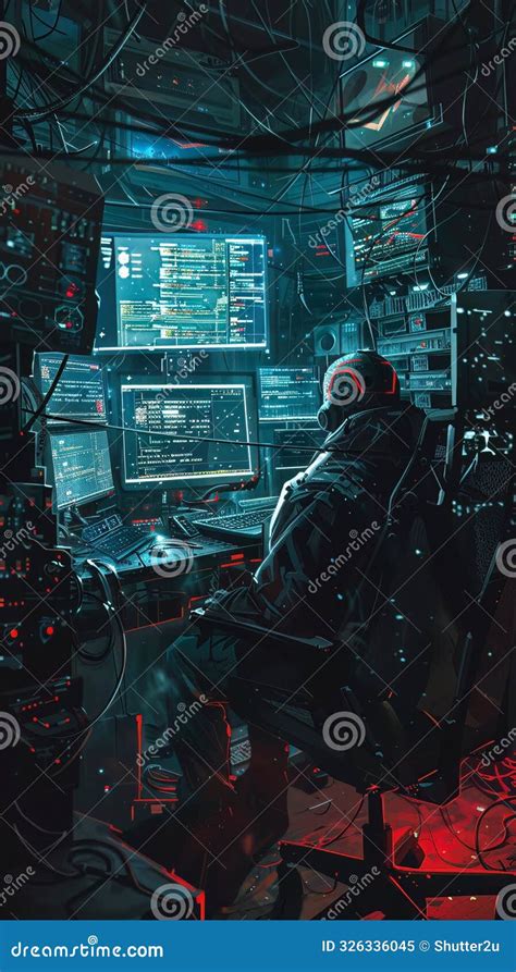 Undead Hacker Plots In A Lair Of Flickering Screens And Code Stock