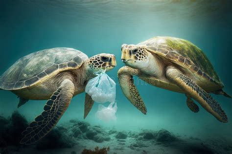 Tortugas Comiendo Bolsas De Plástico Debido a La Contaminación De