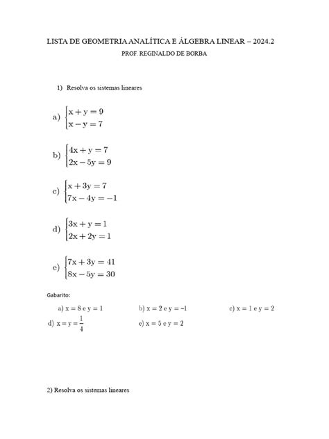 Lista 2 De Geometria Analítica E Álgebra Linear Pdf Pdf