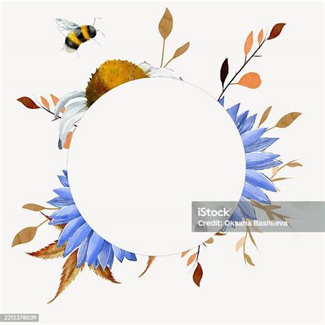 텍스트를 위한 공간이 있는 둥근 프레임입니다 호박벌 카모마일 루드베키아 및 마른 가을 가지 수채화 조성물 분리 흰색 배경에