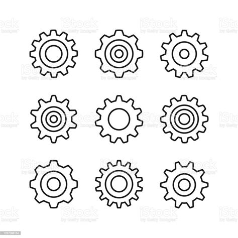 코그 라인 아이콘 세트입니다 기어 톱니바퀴 둥근 톱니 바퀴 얇은 라인 디자인 현대 그래픽 디자인 개념 간단한 선형 윤곽 요소 컬렉션 벡터 아이콘 개념에 대한 스톡 벡터 아트