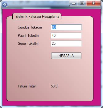 C SHARP UYGULAMALAR C Sharp Form Uygulamalar Elektrik Faturası Hesaplama Programı